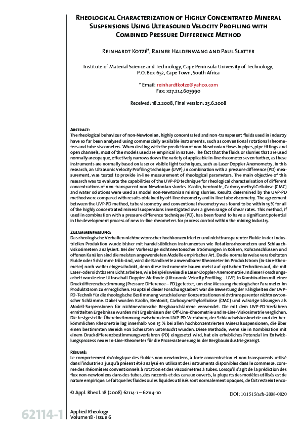 (PDF) Rheological Characterization of Highly Concentrated Mineral Suspensions Using Ultrasound ...