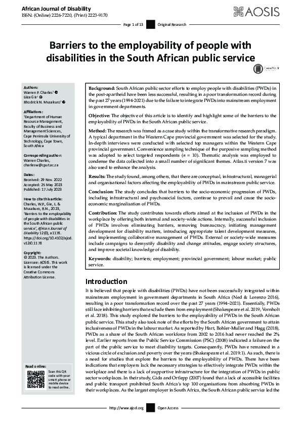 (PDF) Barriers to the employability of people with disabilities in the ...