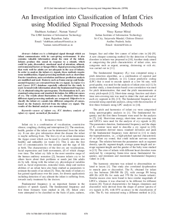 (PDF) An investigation into classification of infant cries using modified signal processing methods
