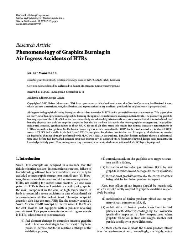 (PDF) Phenomenology of Graphite Burning in Air Ingress Accidents of HTRs