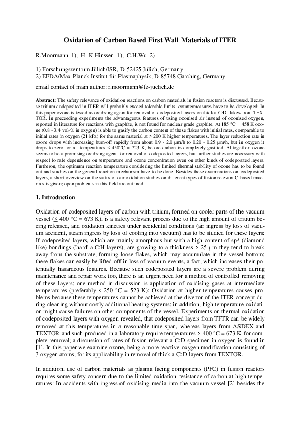 (PDF) Oxidation of Carbon Based First Wall Materials of ITER