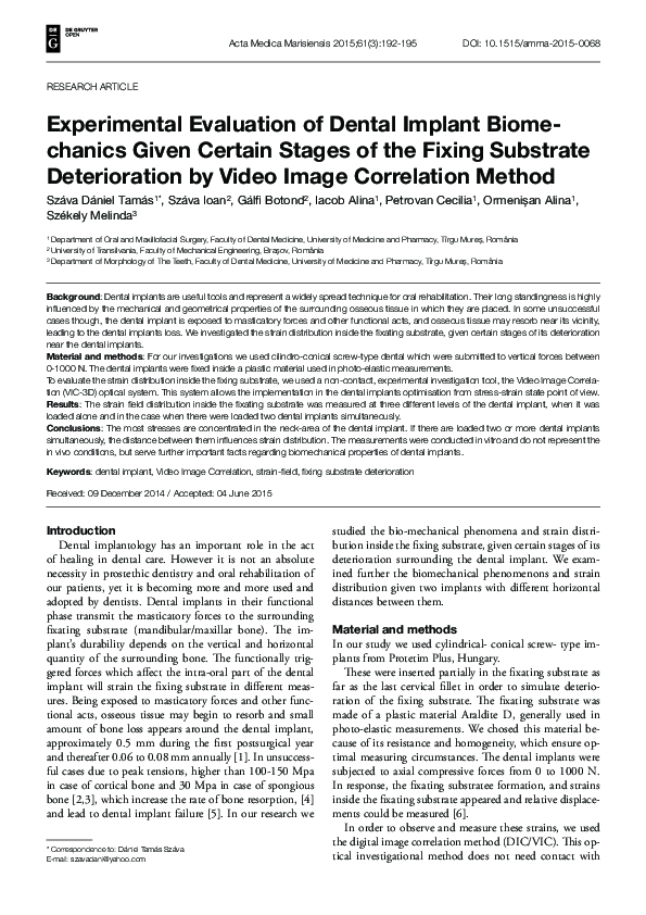 (PDF) Experimental Evaluation of Dental Implant Biomechanics Given ...