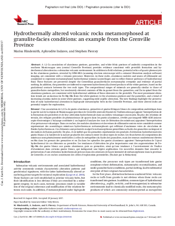 (PDF) Hydrothermally altered volcanic rocks metamorphosed at granulite ...