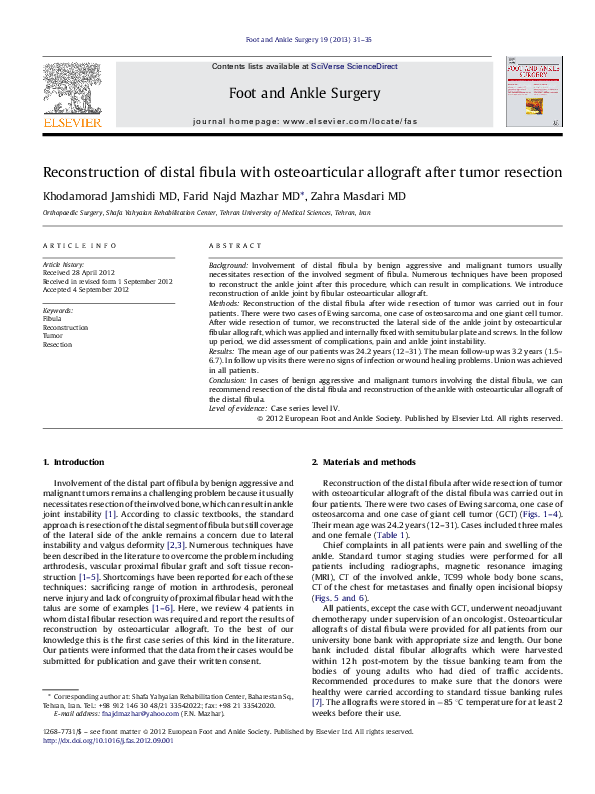 (PDF) Reconstruction of distal fibula with osteoarticular allograft ...