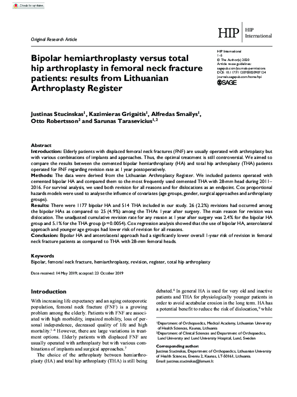 (PDF) Bipolar hemiarthroplasty versus total hip arthroplasty in ...