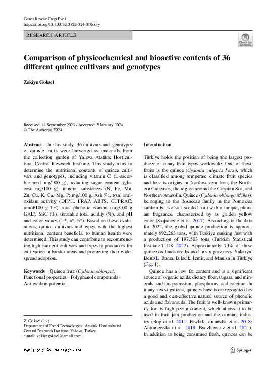 (PDF) Comparison of physicochemical and bioactive contents of 36 different quince cultivars and ...