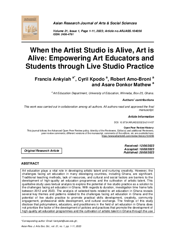 (PDF) When the Artist Studio is Alive, Art is Alive: Empowering Art ...