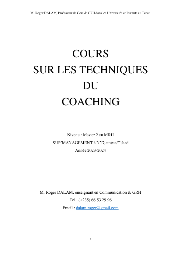 (PDF) COURS SUR LES TECHNIQUES DU COACHING Niveau : Master 2 en MRH