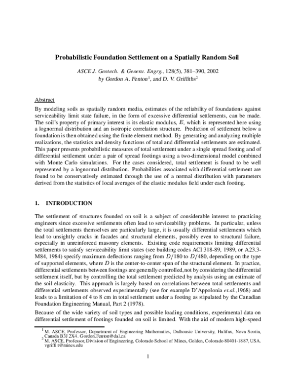 (PDF) Probabilistic Foundation Settlement on Spatially Random Soil. Discussion and Closure