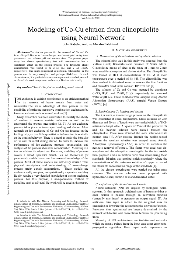 (PDF) Modeling Of Co-Cu Elution From Clinoptilolite Using Neural Network
