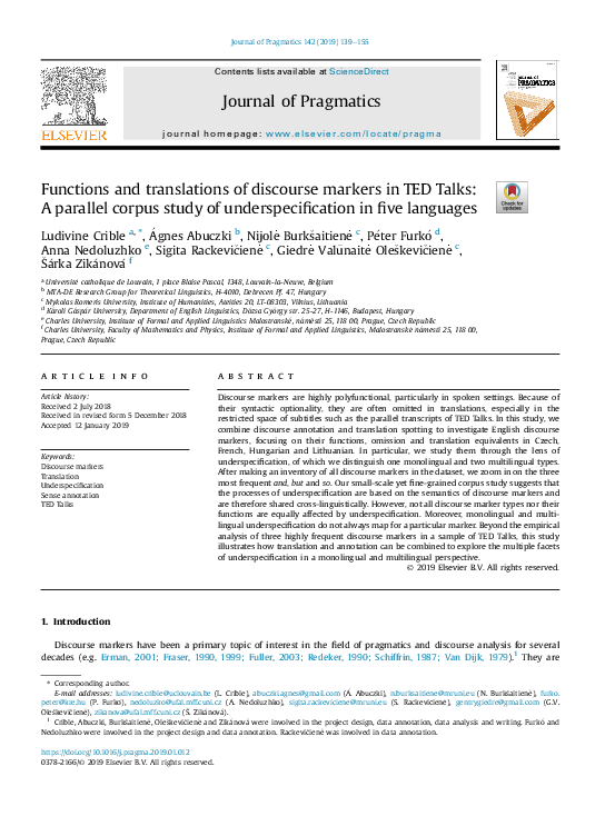 (PDF) Functions and translations of discourse markers in TED Talks: A ...