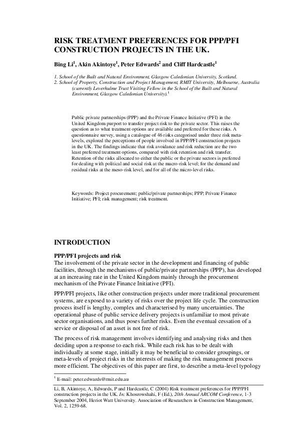 (PDF) Risk treatment preferences for PPP/PFI construction projects in ...