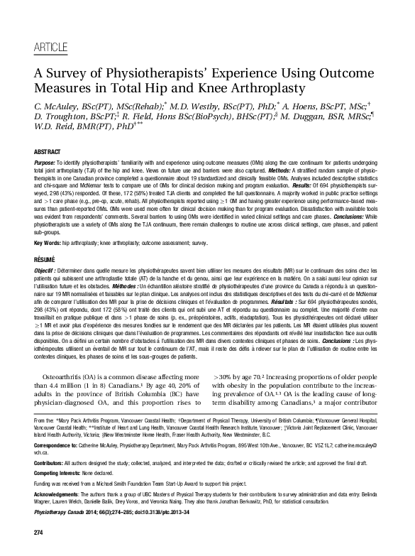(PDF) A Survey of Physiotherapists' Experience Using Outcome Measures in Total Hip and Knee ...