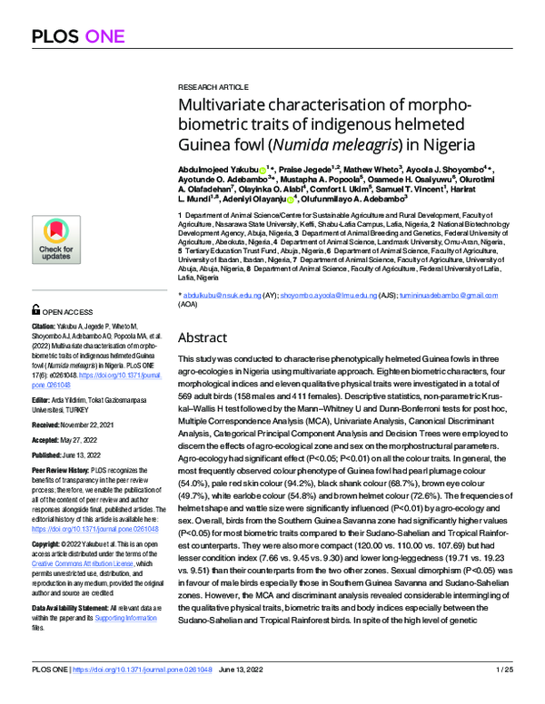 (PDF) Multivariate characterisation of morpho-biometric traits of indigenous helmeted Guinea ...