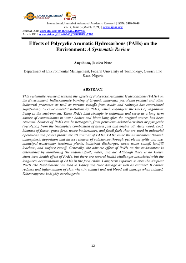 (PDF) Effects of Polycyclic Aromatic Hydrocarbons (PAHs) on the Environment: A Systematic Review