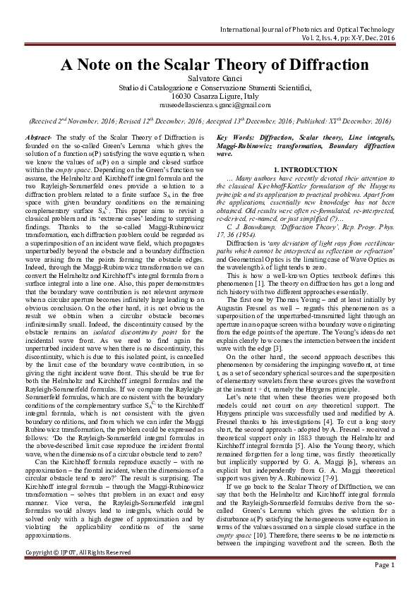 Pdf A Ote On The Scalar Theory Of Diffraction