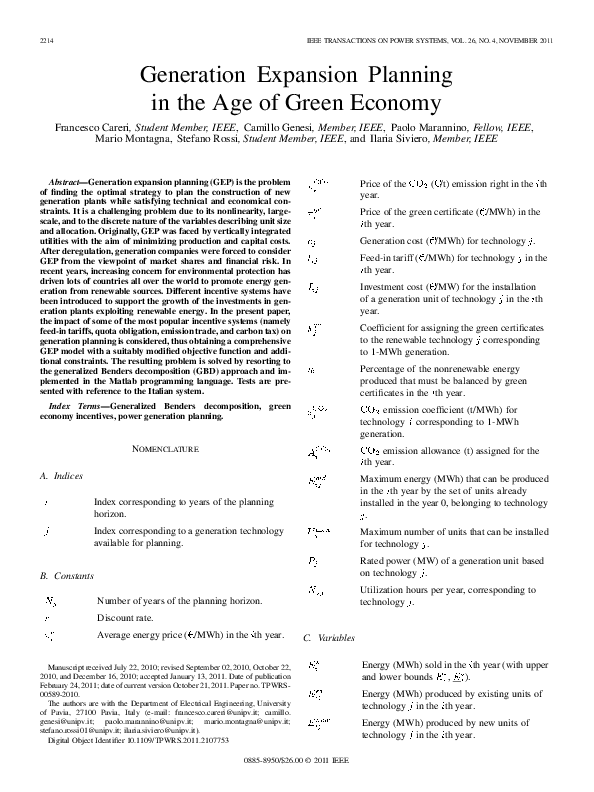 (PDF) Generation Expansion Planning in the Age of Green Economy