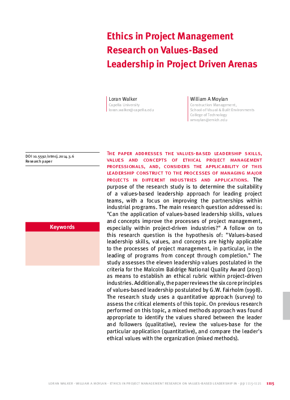 (PDF) Ethics in Project Management Research on Values-Based Leadership ...