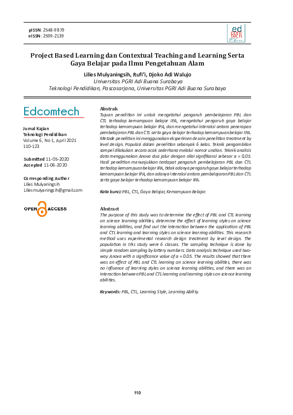 (PDF) Project Based Learning dan Contextual Teaching and Learning Serta Gaya Belajar Pada Ilmu ...