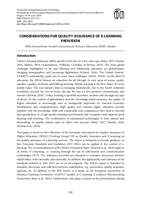 (PDF) Considerations for Quality Assurance of E-Learning Provision
