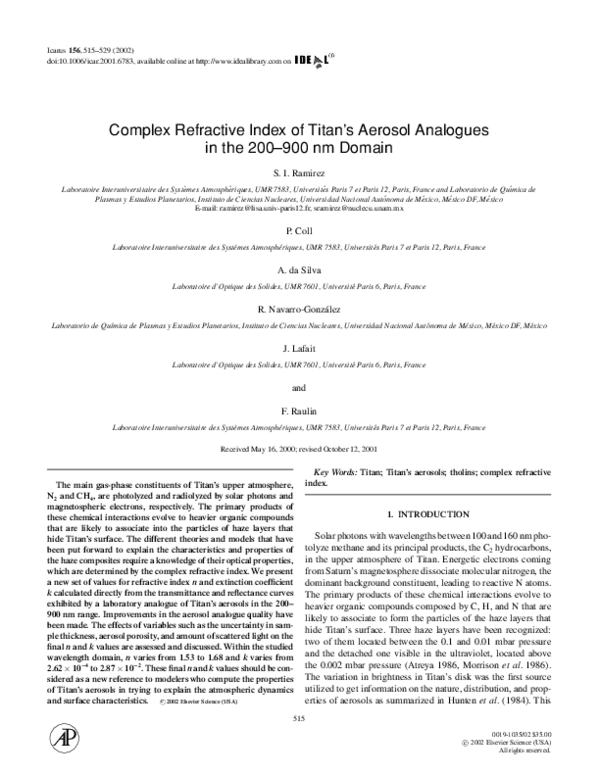(PDF) Complex Refractive Index of Titan's Aerosol Analogues in the 200 ...