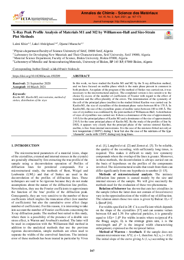 (PDF) X-Ray Peak Profile Analysis of Materials M1 and M2 by Williamson ...