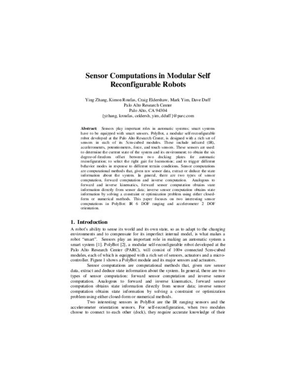 Pdf Sensor Computations In Modular Self Reconfigurable Robots Mark Yim