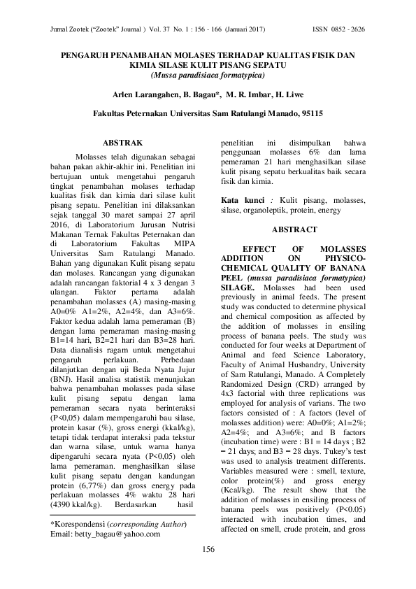 (PDF) PENGARUH PENAMBAHAN MOLASES TERHADAP KUALITAS FISIK DAN KIMIA SILASE KULIT PISANG SEPATU ...