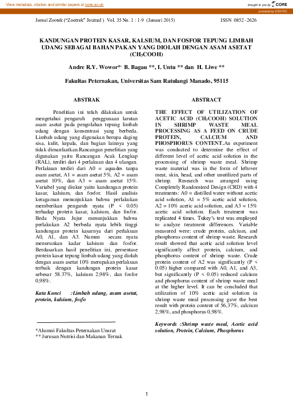 (PDF) Kandungan Protein Kasar, Kalsium, Dan Fosfor Tepung Limbah Udang Sebagai Bahan Pakan Yang ...