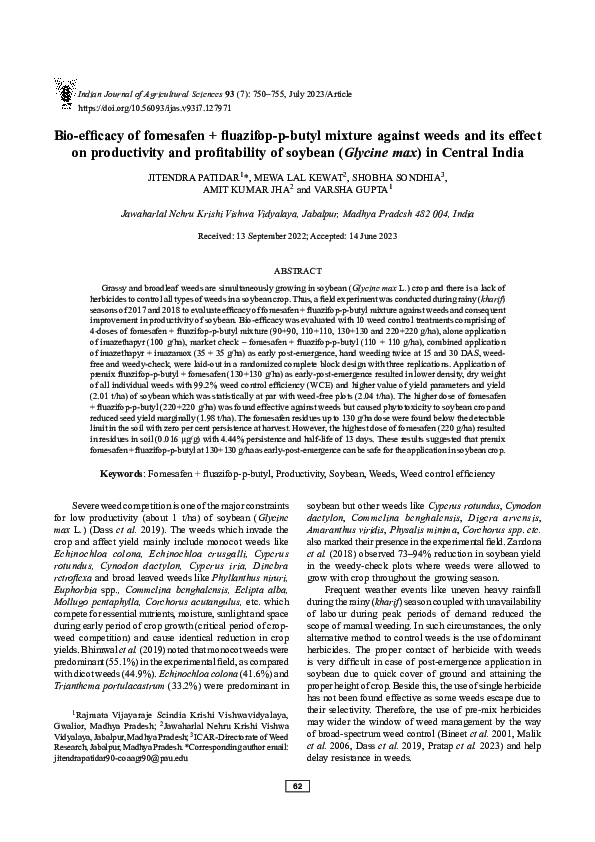 (PDF) Bio-efficacy of fomesafen + fluazifop-p-butyl mixture against weeds and its effect on ...