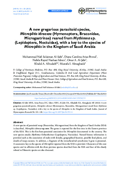 (PDF) A new gregarious parasitoid species, Microplitis idreesae ...