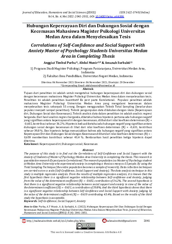 (PDF) Hubungan Kepercayaan Diri dan Dukungan Sosial dengan Kecemasan Mahasiswa Magister ...