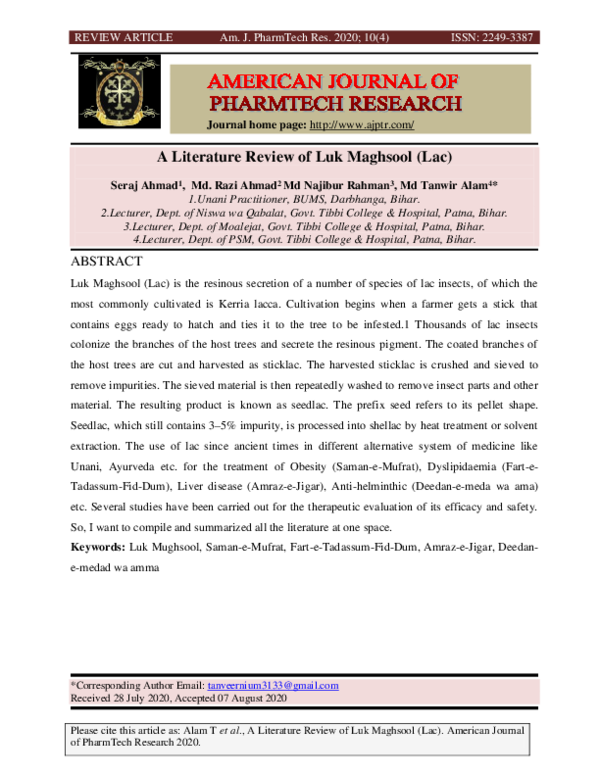 (PDF) A Literature Review of Luk Maghsool (Lac)