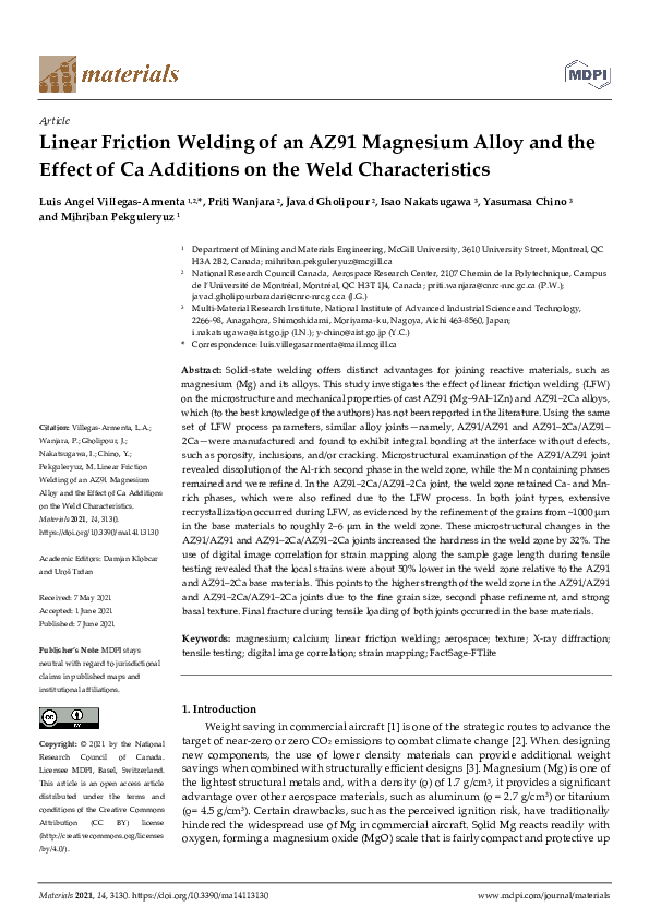 (PDF) Linear Friction Welding of an AZ91 Magnesium Alloy and the Effect ...