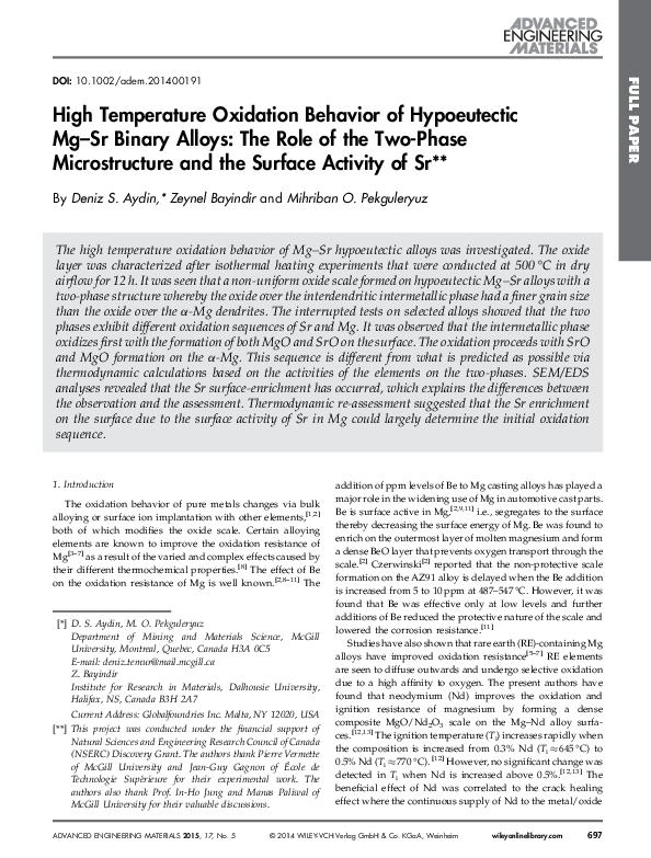 (PDF) High Temperature Oxidation Behavior of Hypoeutectic Mg–Sr Binary ...