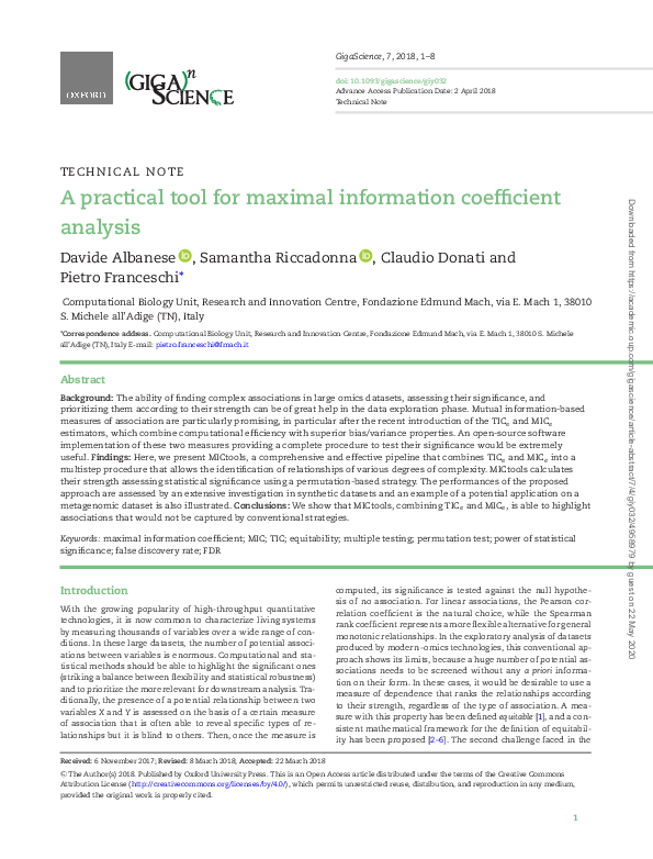 (PDF) A practical tool for maximal information coefficient analysis
