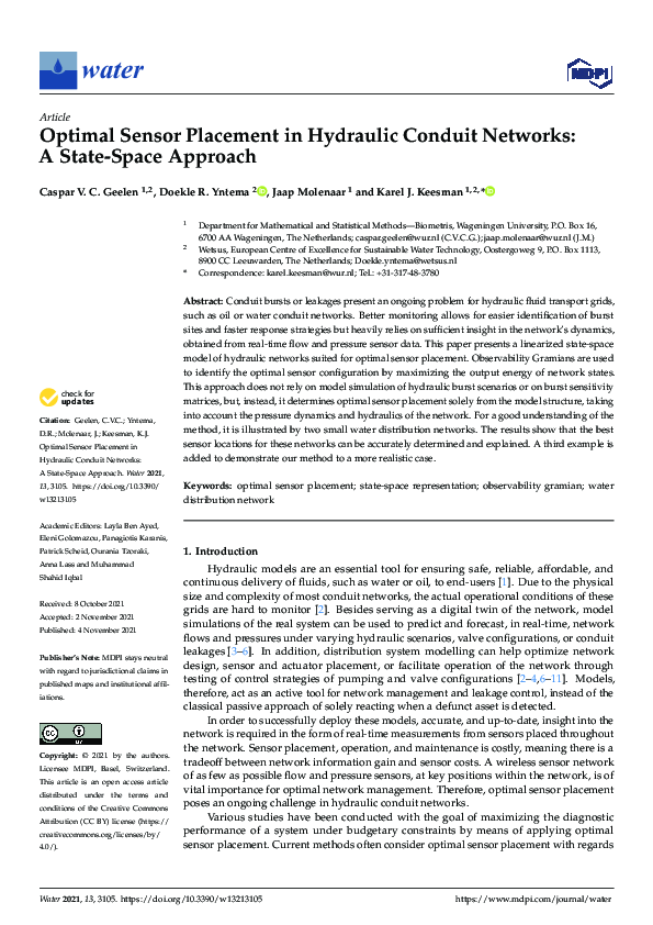 (PDF) Optimal Sensor Placement in Hydraulic Conduit Networks: A State-Space Approach
