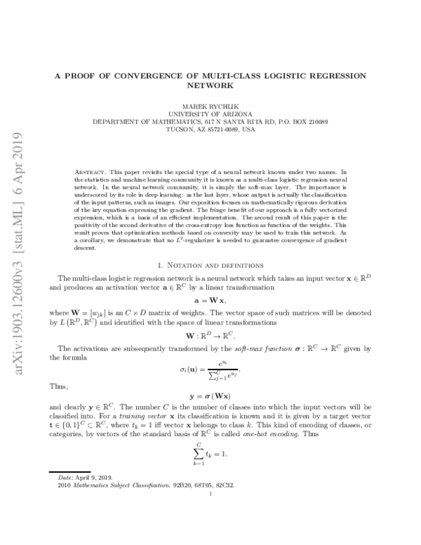 (PDF) A proof of convergence of multi-class logistic regression network