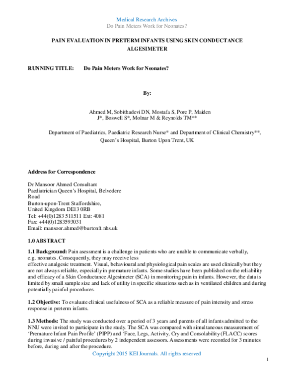(PDF) Pain evaluation in preterm infants using skin conductance algesimeter