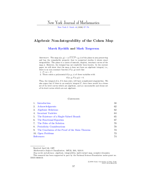 (PDF) Algebraic Non-Integrability of the Cohen Map