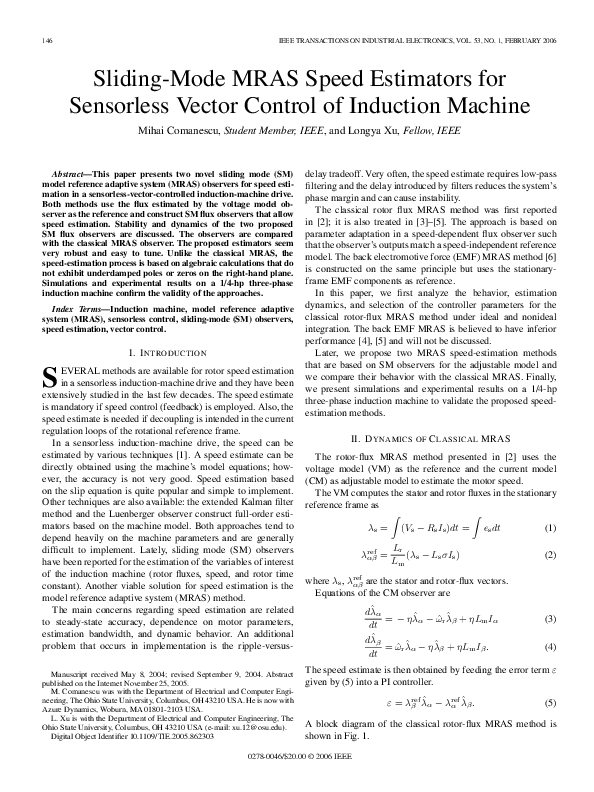Pdf Sliding Mode Mras Speed Estimators For Sensorless Vector Control