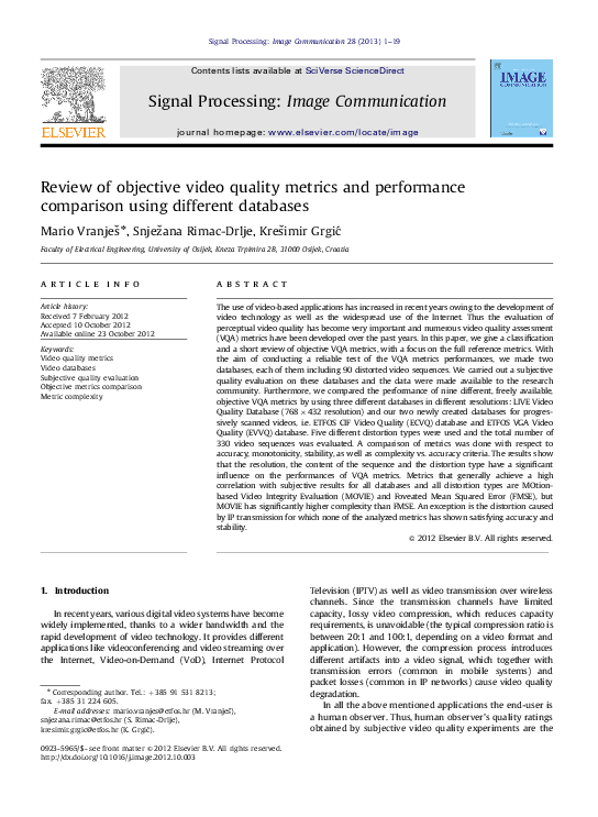 (PDF) Review of objective video quality metrics and performance comparison using different databases