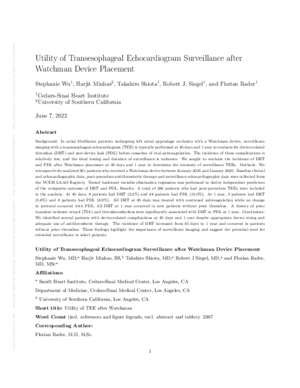 (PDF) Transesophageal Echocardiogram Utility Post-Watchman