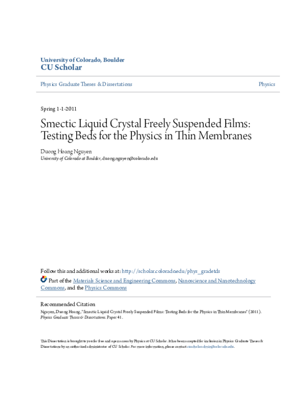(PDF) Smectic Liquid Crystal Freely Suspended Films: Testing Beds for ...