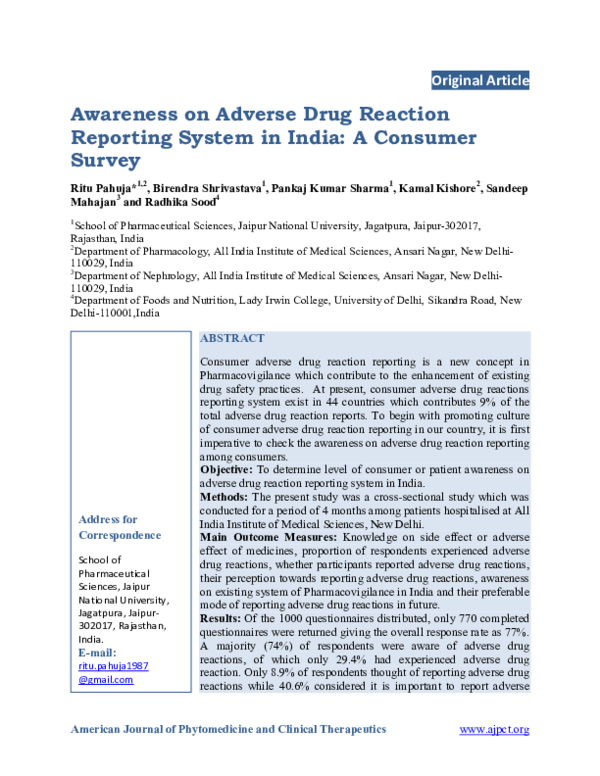 (PDF) Awareness on Adverse Drug Reaction Reporting System in India: A ...