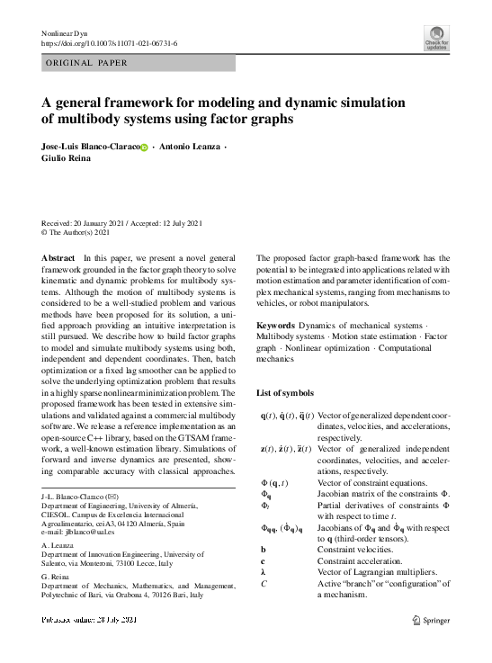 Pdf A General Framework For Modeling And Dynamic Simulation Of Multibody Systems Using Factor
