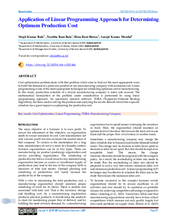 Pdf Application Of Linear Programming Approach For Determining
