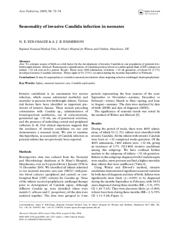(PDF) Seasonality of invasive Candida infection in neonates