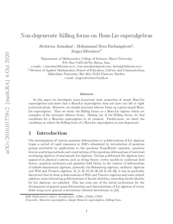 (PDF) Non-degenerate Killing forms on Hom-Lie superalgebras | Sergei ...