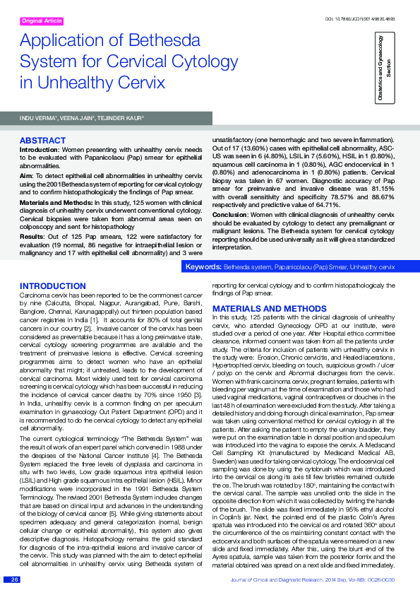 (PDF) Application of Bethesda System for Cervical Cytology in Unhealthy ...